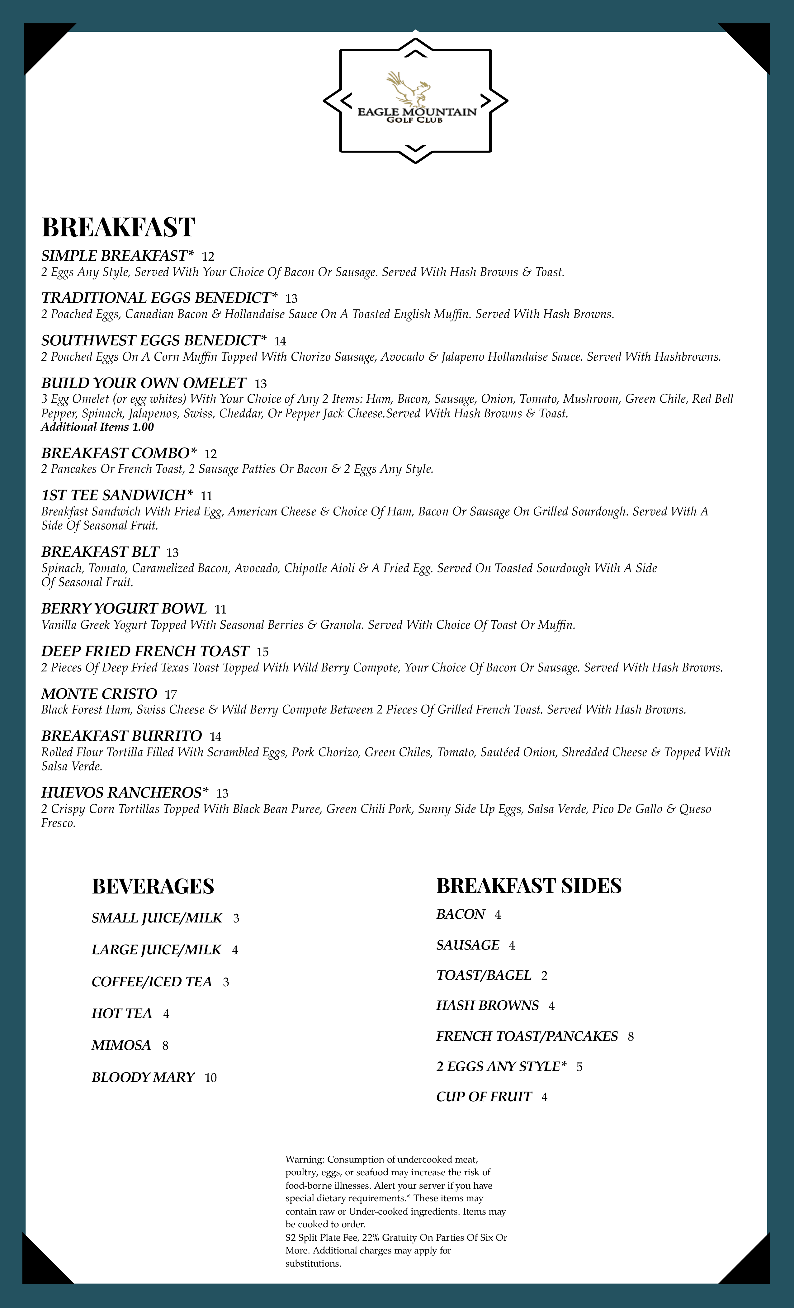 Breakfast Menu - Eagle Mountain Golf Club